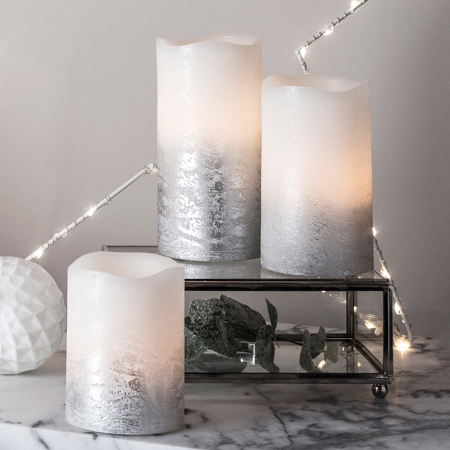 3 Metallic Silver Ombre Wax LED Pillar Candles UK