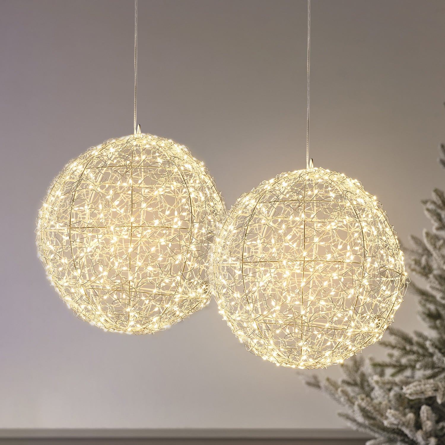 28cm Wire Wrapped LED Hanging Orb Light Duo