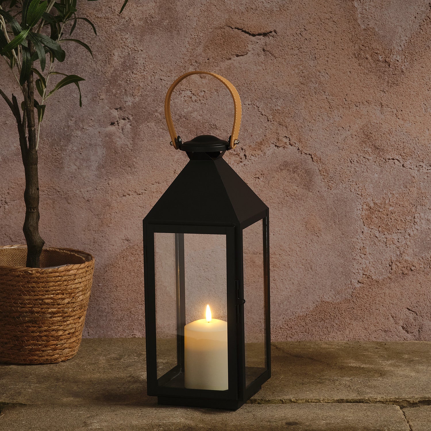 Brixham Regular Leather Effect Handle Lantern with TruGlow®Candle and