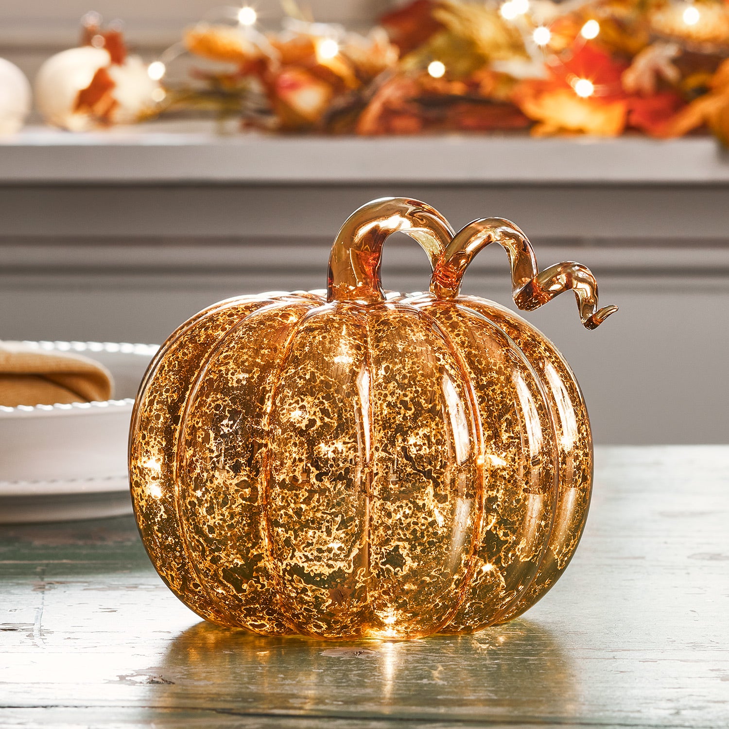Amber Mercury Glass Light Up Pumpkin Decoration – Lights4fun.co.uk