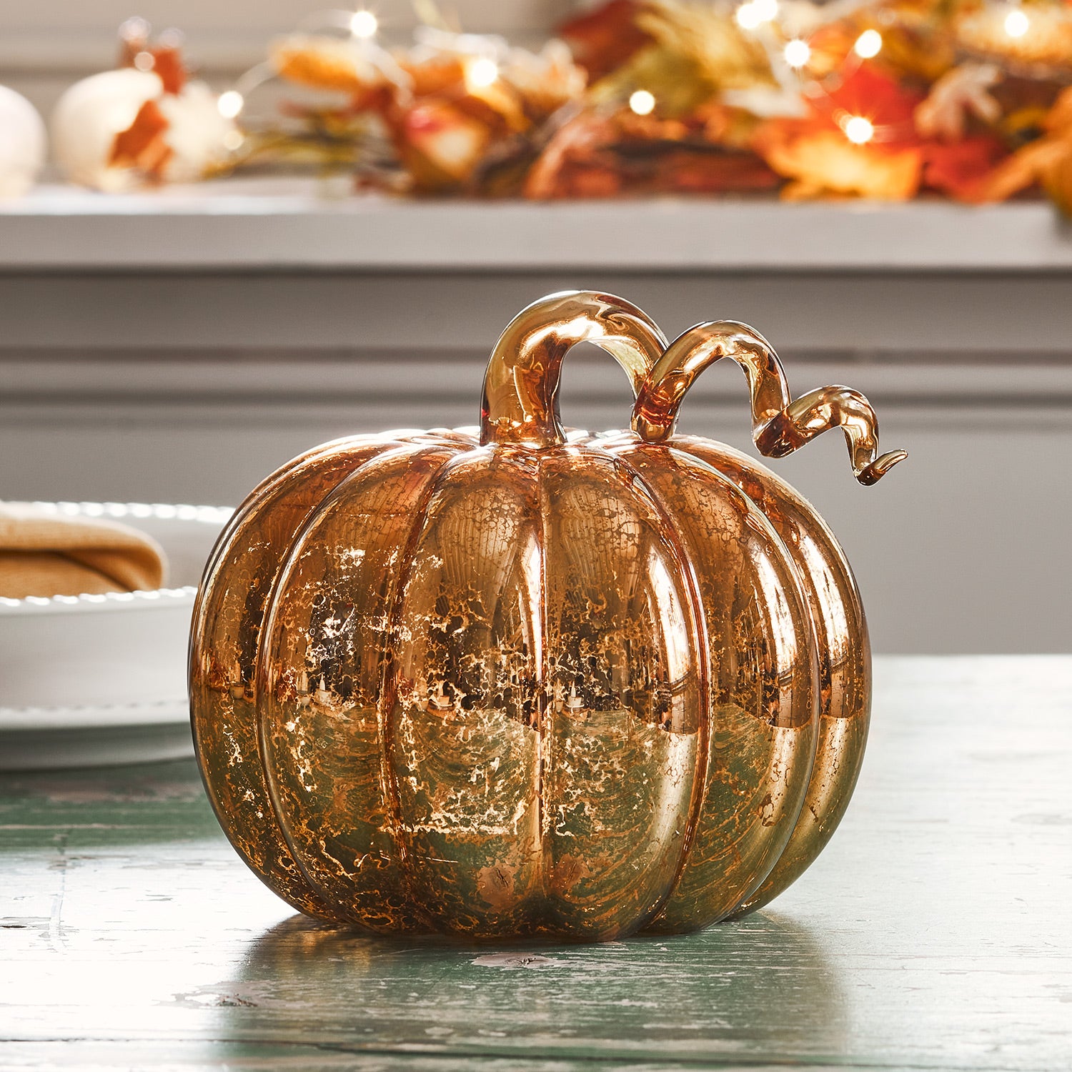 Amber Mercury Glass Light Up Pumpkin Decoration | Lights4fun.co.uk