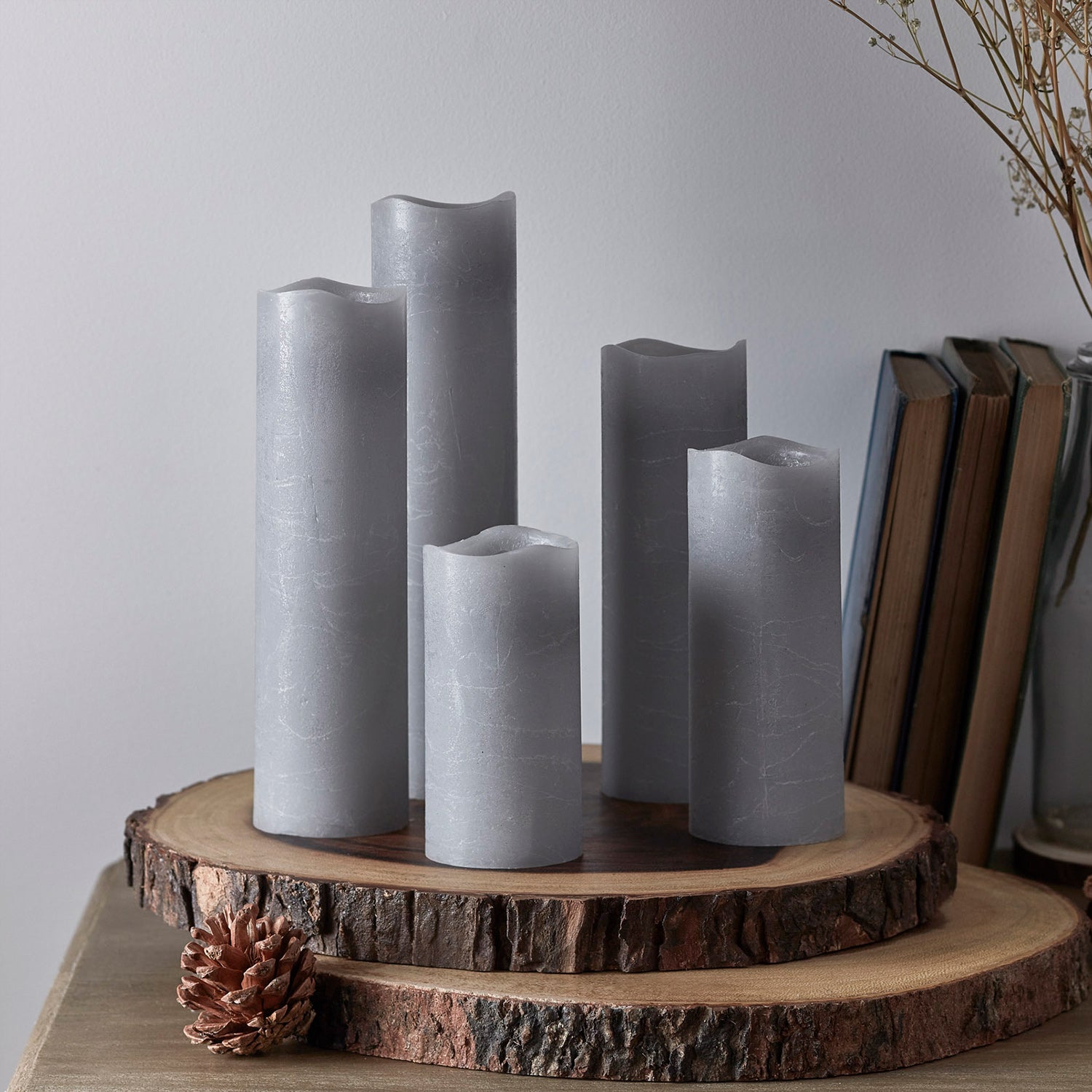 Set of 5 Grey Slim LED Pillar Candles with Remote Control | Lights4fun ...