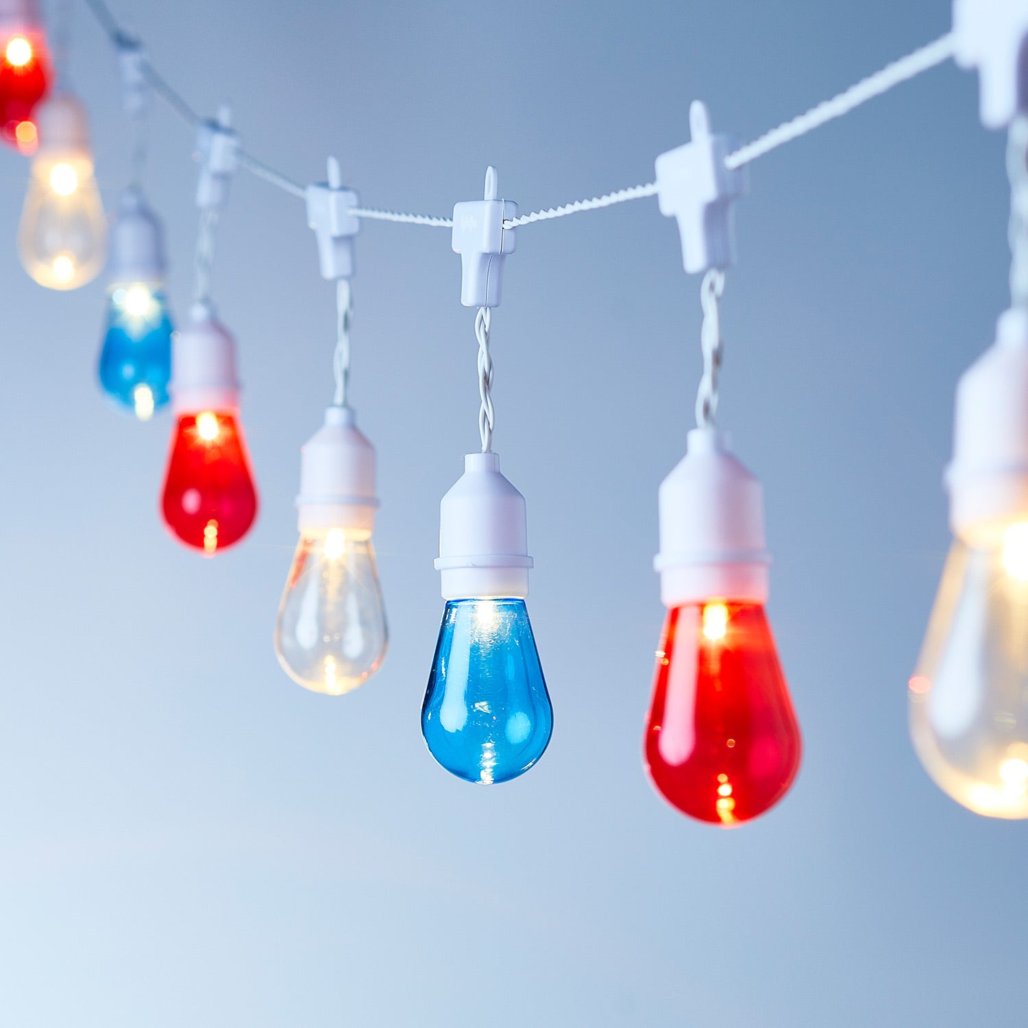 15 Red, White & Blue Drop Bulb Plug In Festoon Lights UK